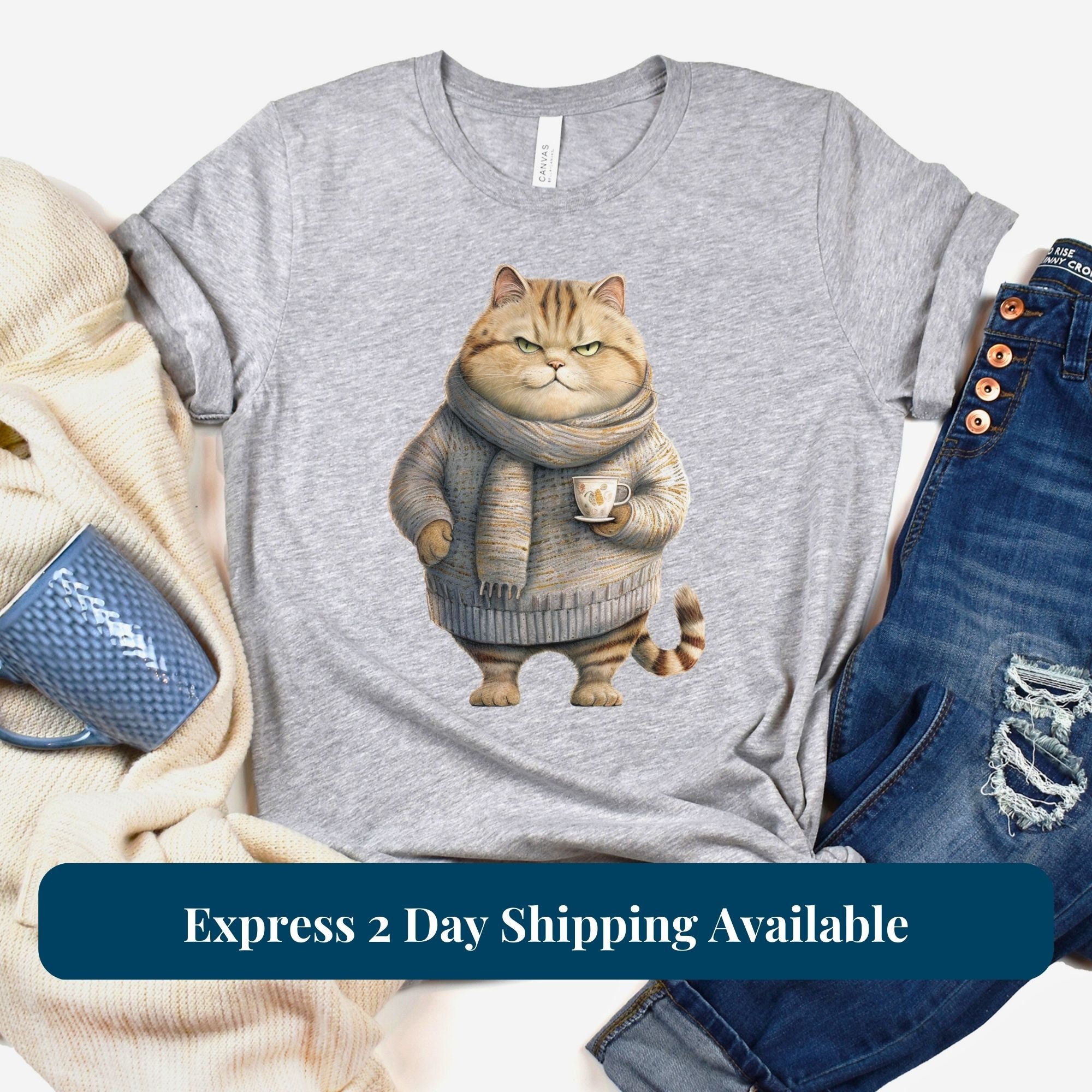 Funny Fat Cat in Sweater Tshirt, Grumpy Cat T-shirt, Angry Cat Shirt ...