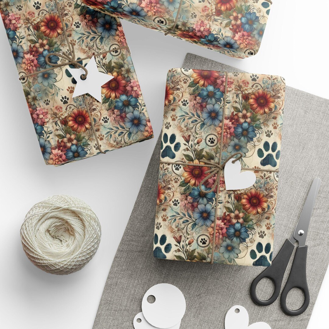 Floral Paw Print Wrapping Paper Dog Lover Gift Wrap Pet Themed Gift ...