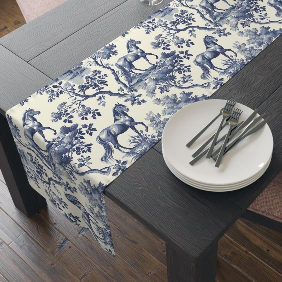 Blue Toile Equestrian Table Runner Retro Country Home Decor Farmhouse ...