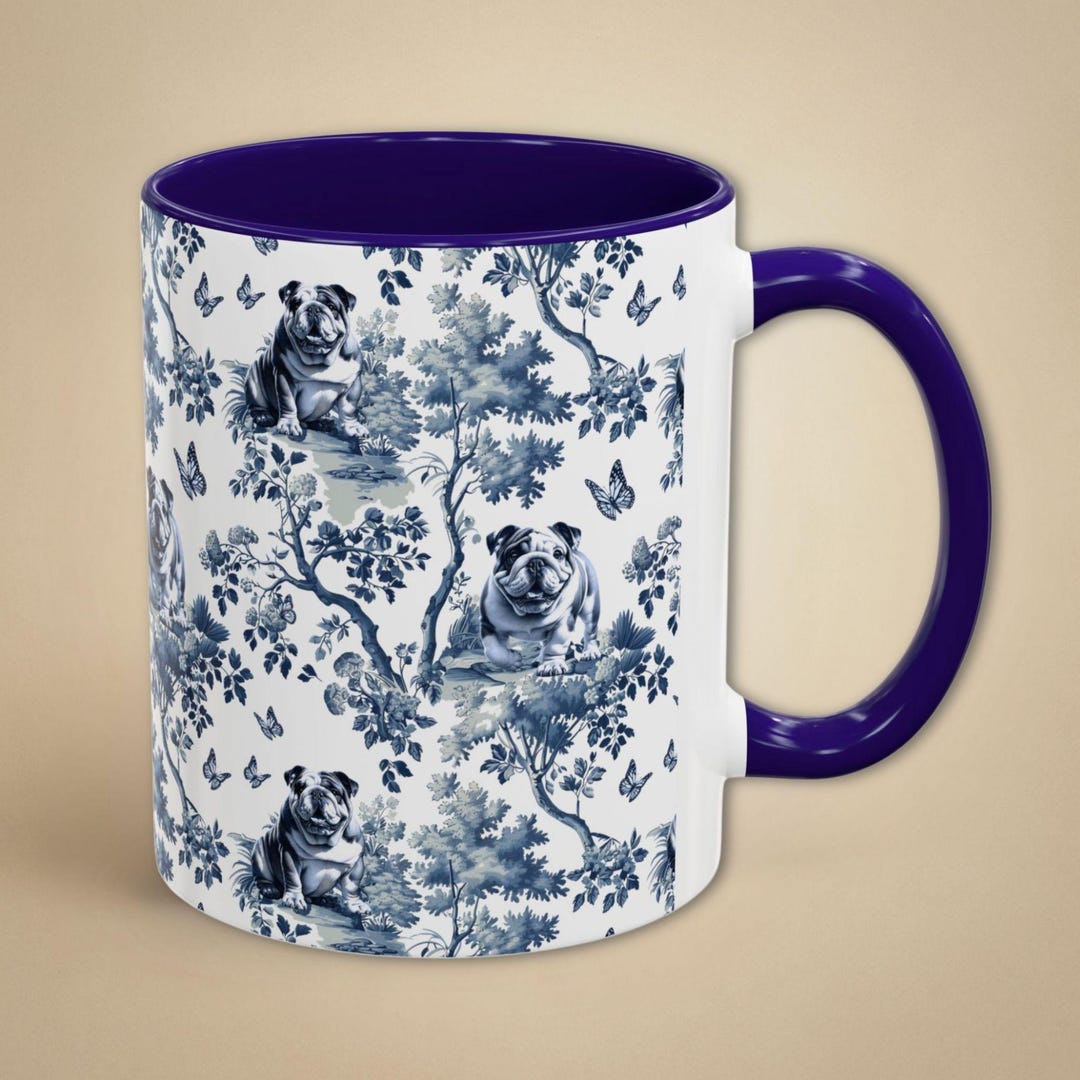 English Bulldog Mug Blue Toile Coffee Cup for Bulldog Mom Gift, French ...