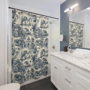 Chic Blue Toile Elephant Shower Curtain for French Country Decor Animal ...