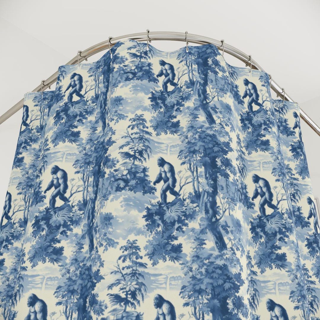Chic Blue Toile De Jouy Bigfoot Shower Curtain PNW Sasquatch Gifts, Zen ...
