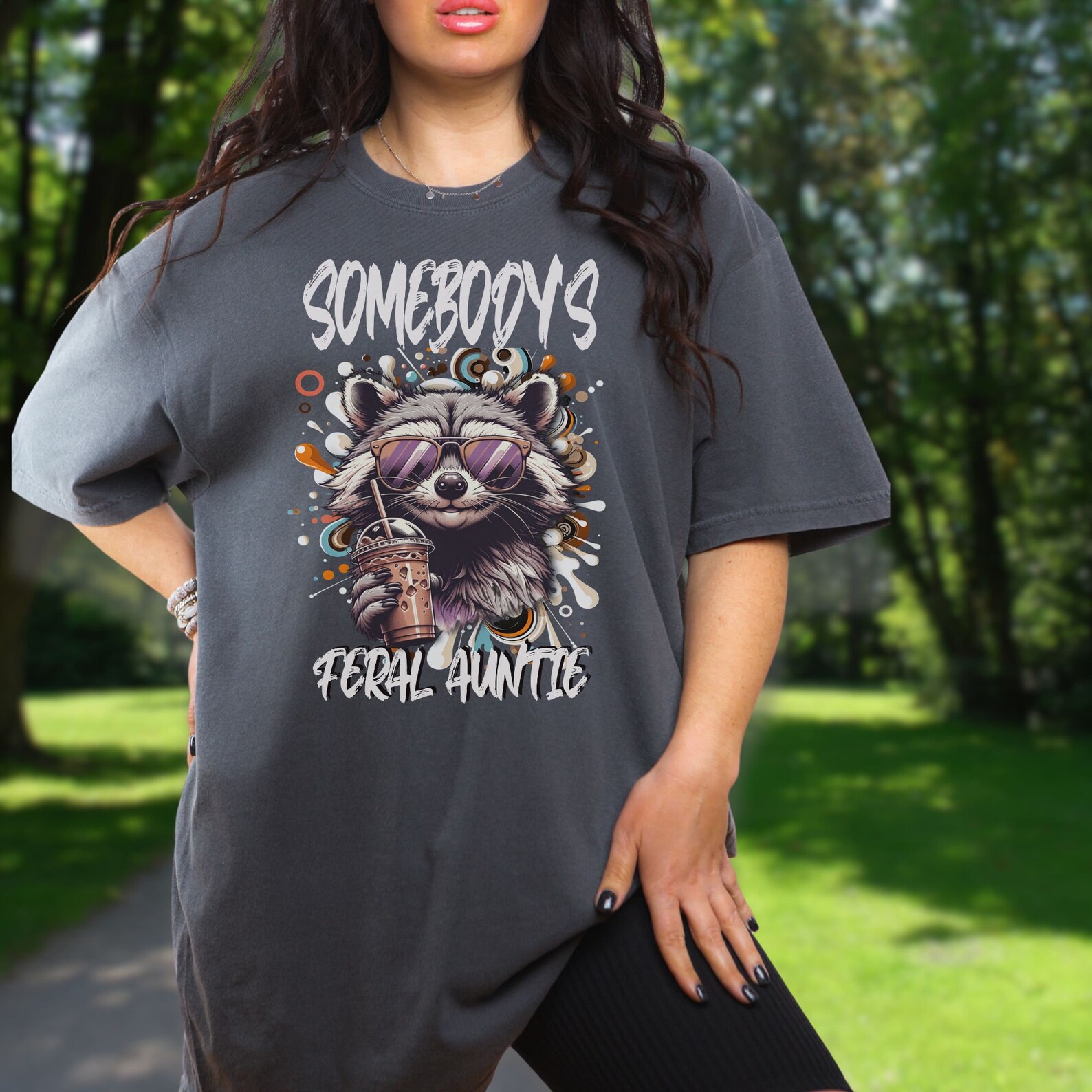 Somebodys Feral Auntie Racoon Iced Coffee Unhinged T Shirt Comfort ...