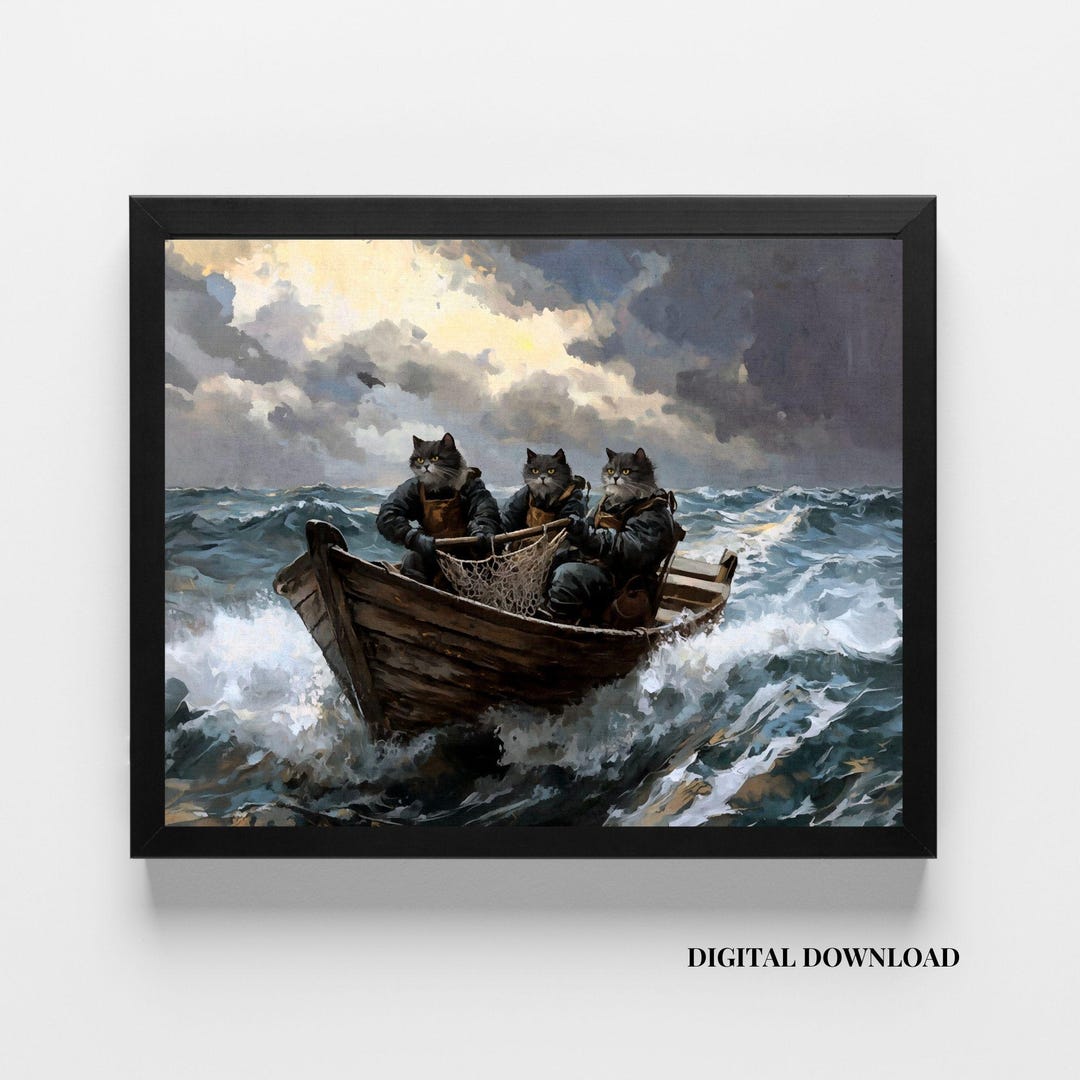 Nautical Cat Printable Digital Art, Vintage Ocean Moody Wall Art ...