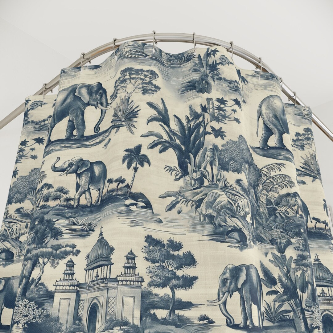 Chic Blue Toile Elephant Shower Curtain for French Country Decor Animal ...
