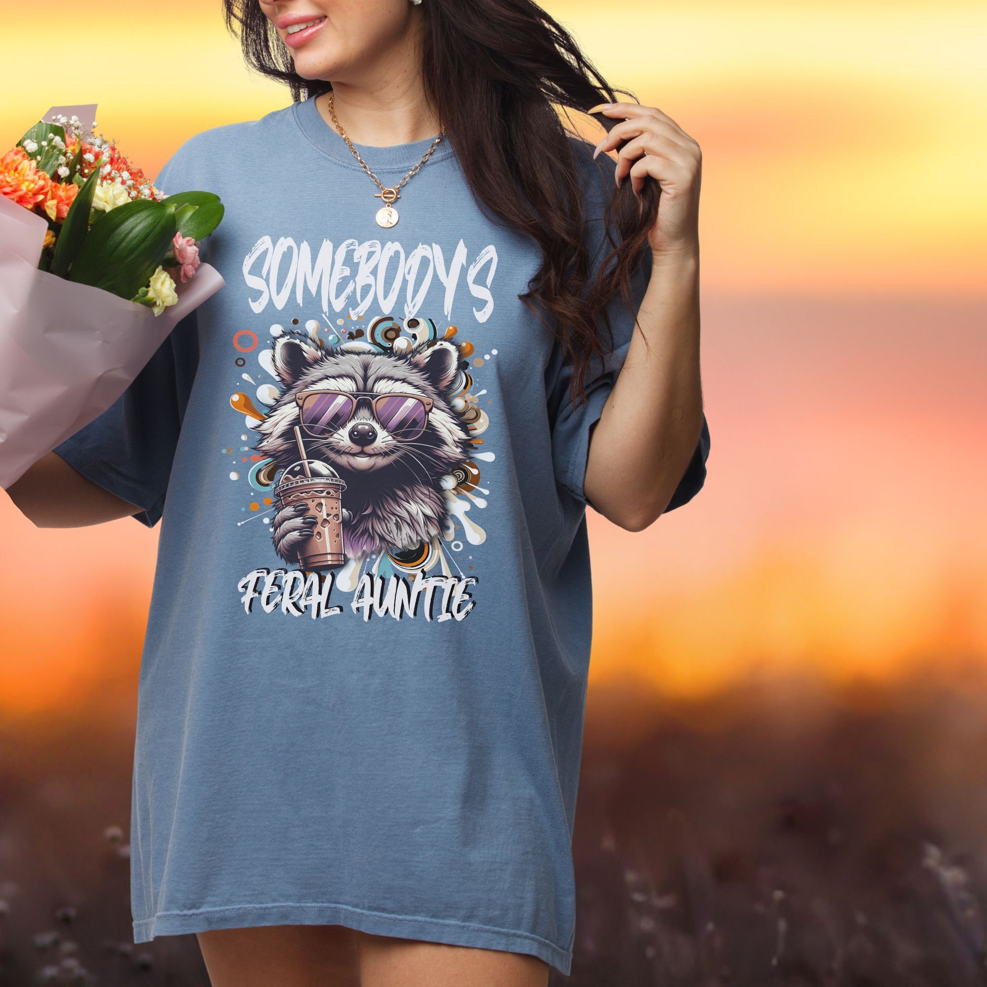 Somebodys Feral Auntie Racoon Iced Coffee Unhinged T Shirt Comfort ...