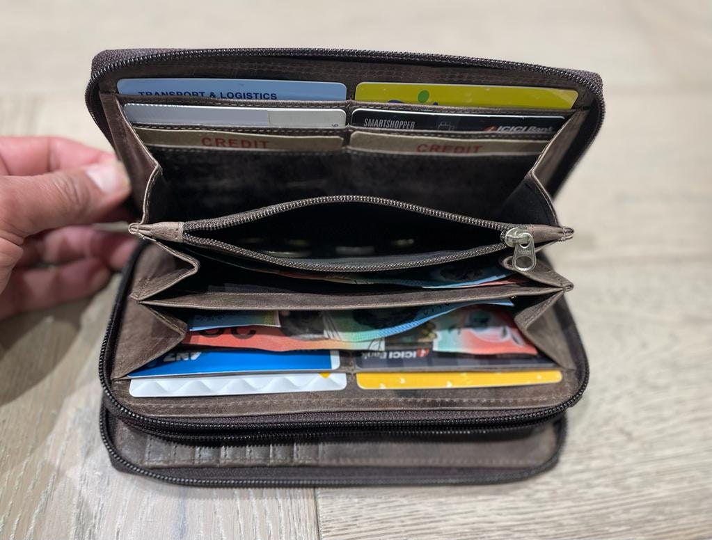 Women Double Zipper Main Compartment Wallet, Full-grain Cowhide Leather ...