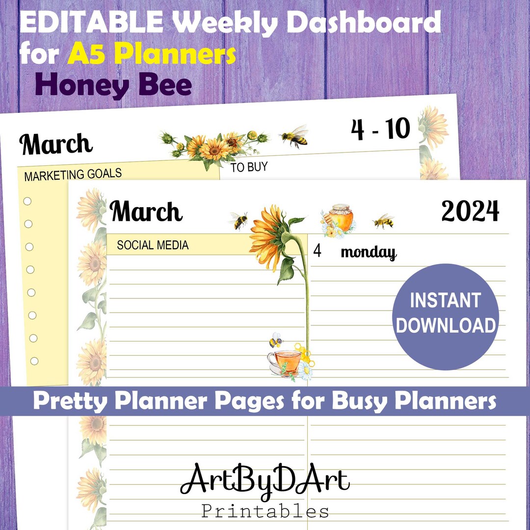 EDITABLE A5 Dashboard Weekly Layout With Honey Bee & Sunflower Design ...