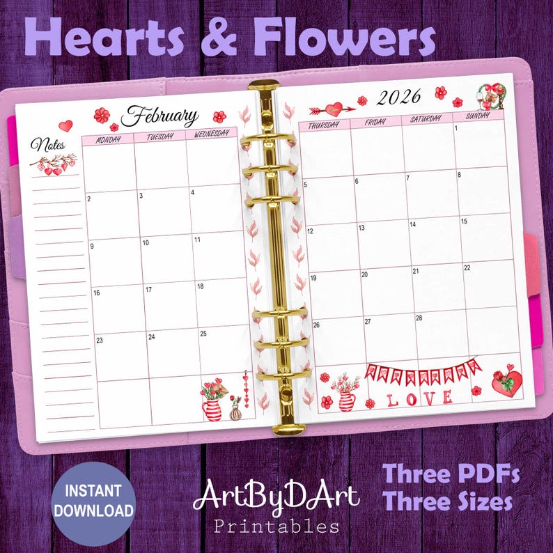 EDITABLE Valentine Theme Printable Monthly Calendar for A5, US Letter ...