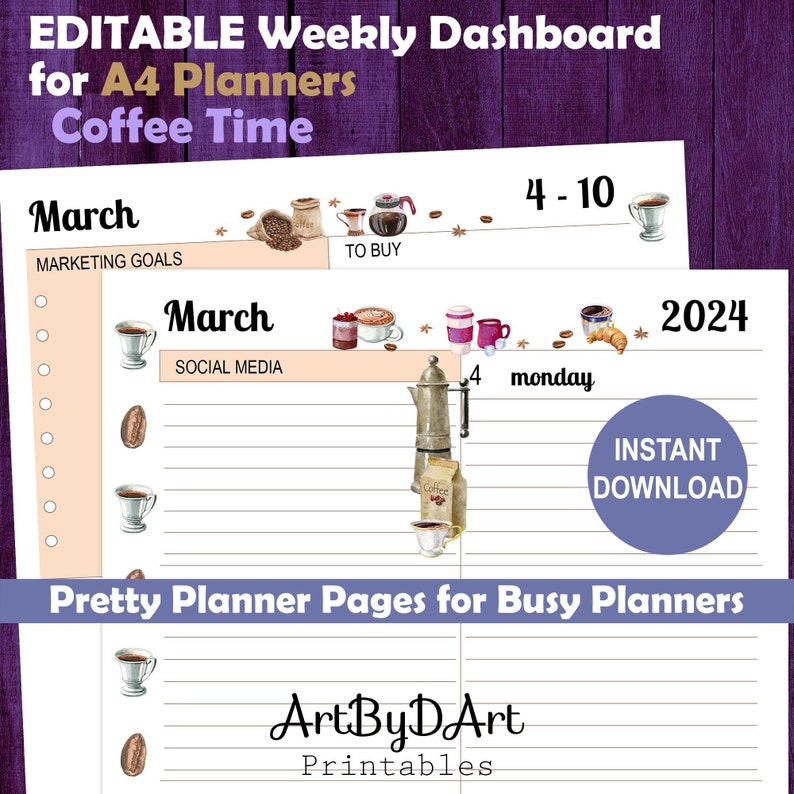 EDITABLE A4 Planner Printable Dashboard Weekly Layout With a Coffee ...