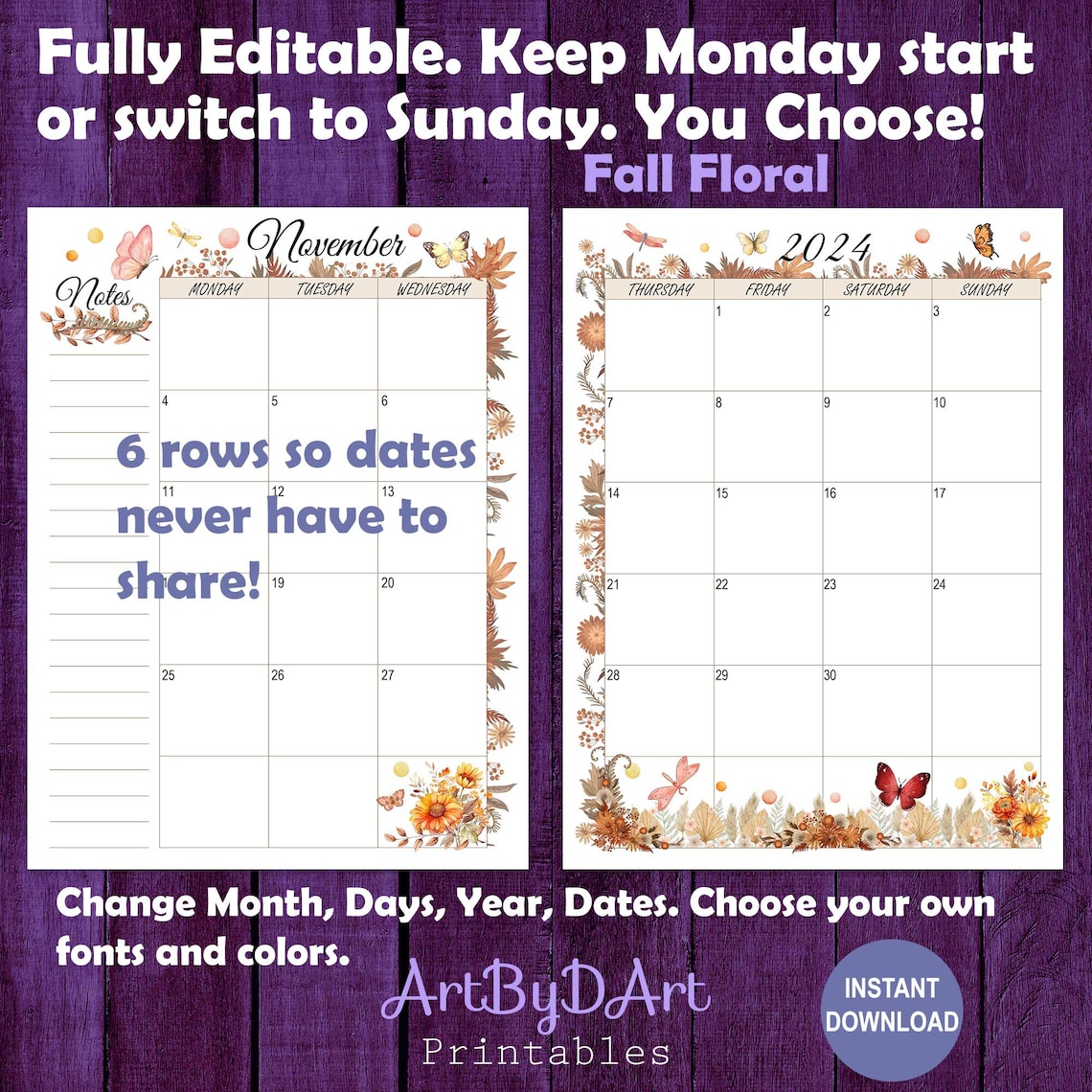 EDITABLE Autumn Theme Printable Monthly Calendar for A5, US Letter, and ...