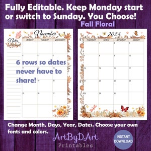 EDITABLE Autumn Theme Printable Monthly Calendar for A5, US Letter, and ...