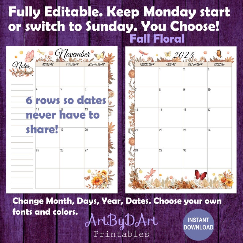 EDITABLE Autumn Theme Printable Monthly Calendar for A5, US Letter, and ...