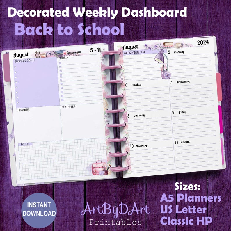 EDITABLE School Theme Printable Weekly Dashboard for A5, US Letter, and ...