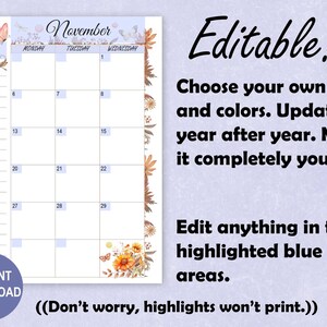 EDITABLE Autumn Theme Printable Monthly Calendar for A5, US Letter, and ...