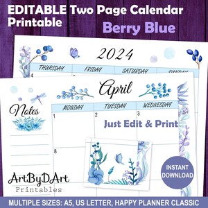EDITABLE Floral Theme Printable Monthly Calendar for A5, US Letter, and ...