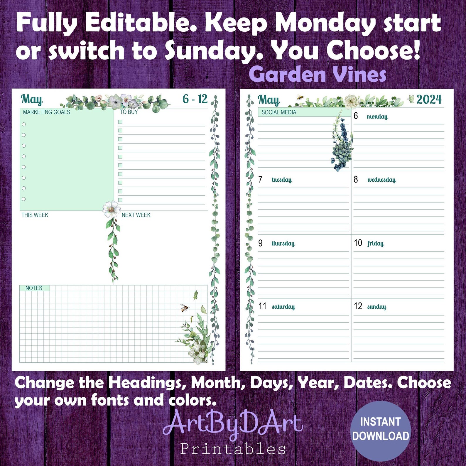 EDITABLE Plant Theme Printable Weekly Dashboard for A5, US Letter, and ...