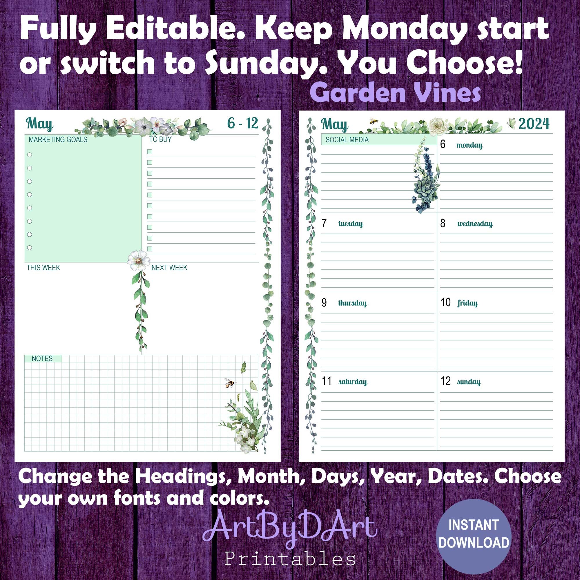 EDITABLE Plant Theme Printable Weekly Dashboard for A5, US Letter, and ...