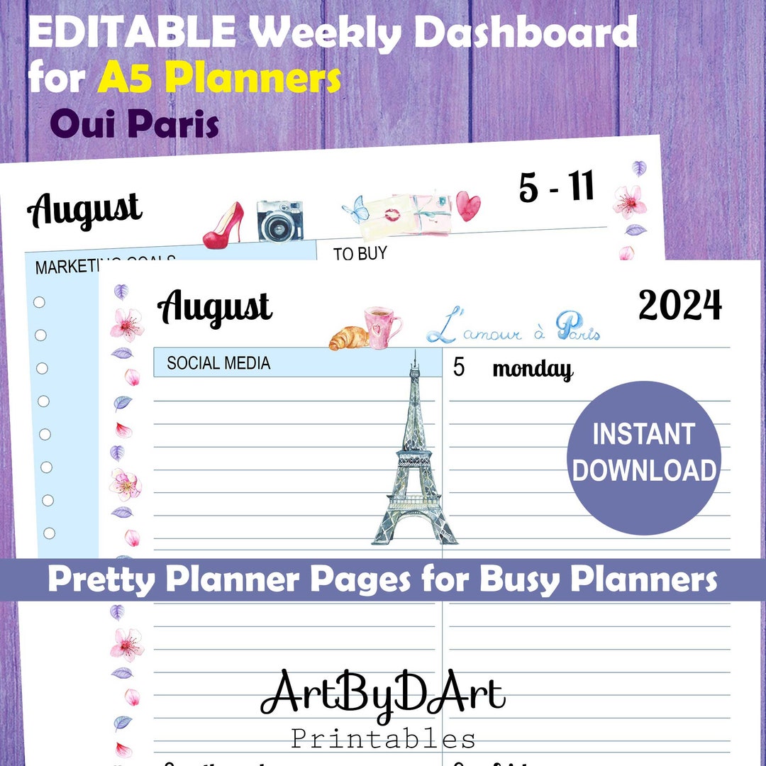 EDITABLE A5 Planner Printable Dashboard Weekly Layout With Oui Paris ...
