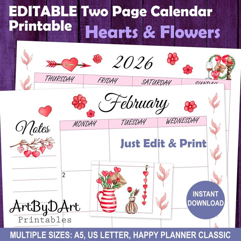 EDITABLE Valentine Theme Printable Monthly Calendar for A5, US Letter ...