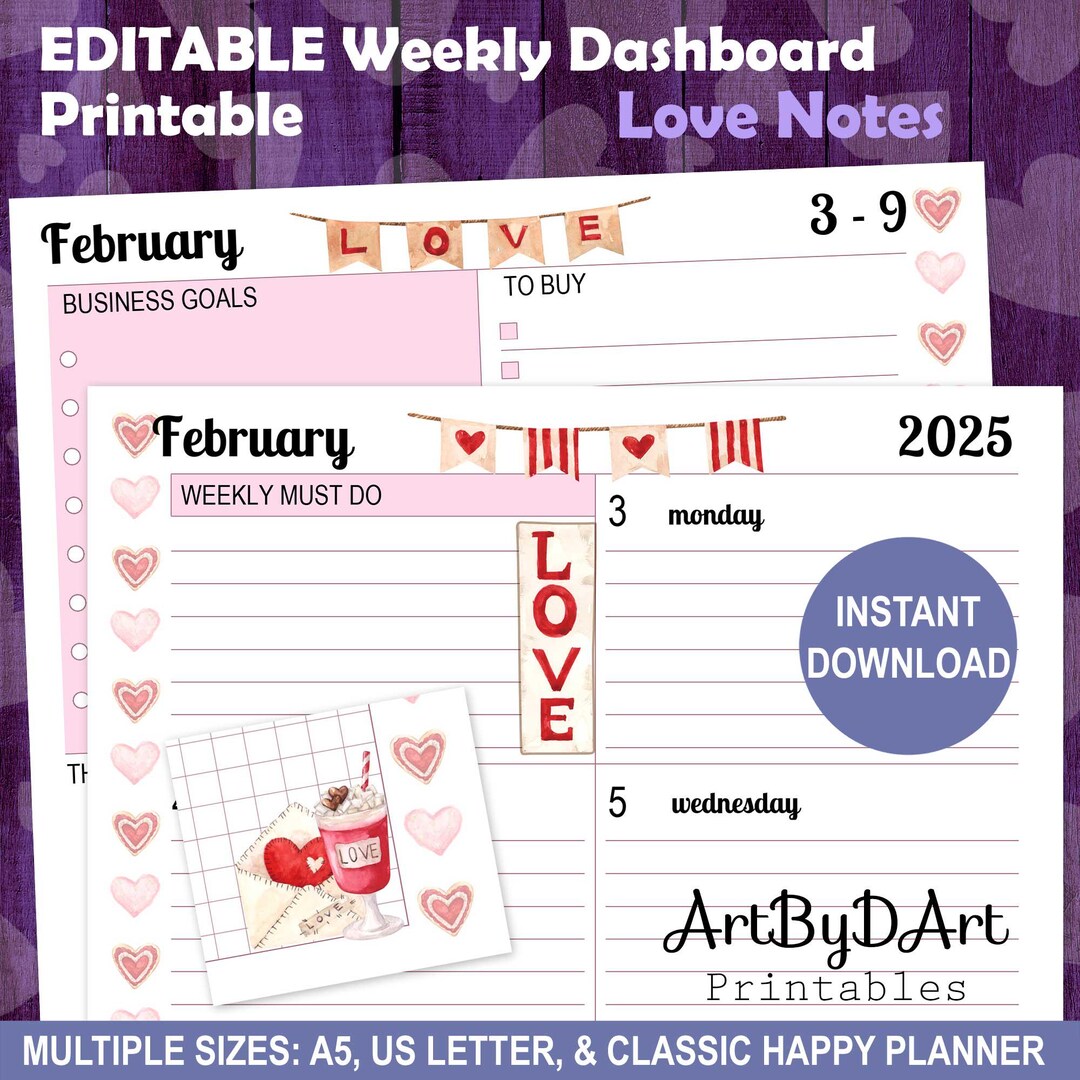 EDITABLE Valentine Theme Printable Weekly Dashboard for A5, US Letter ...