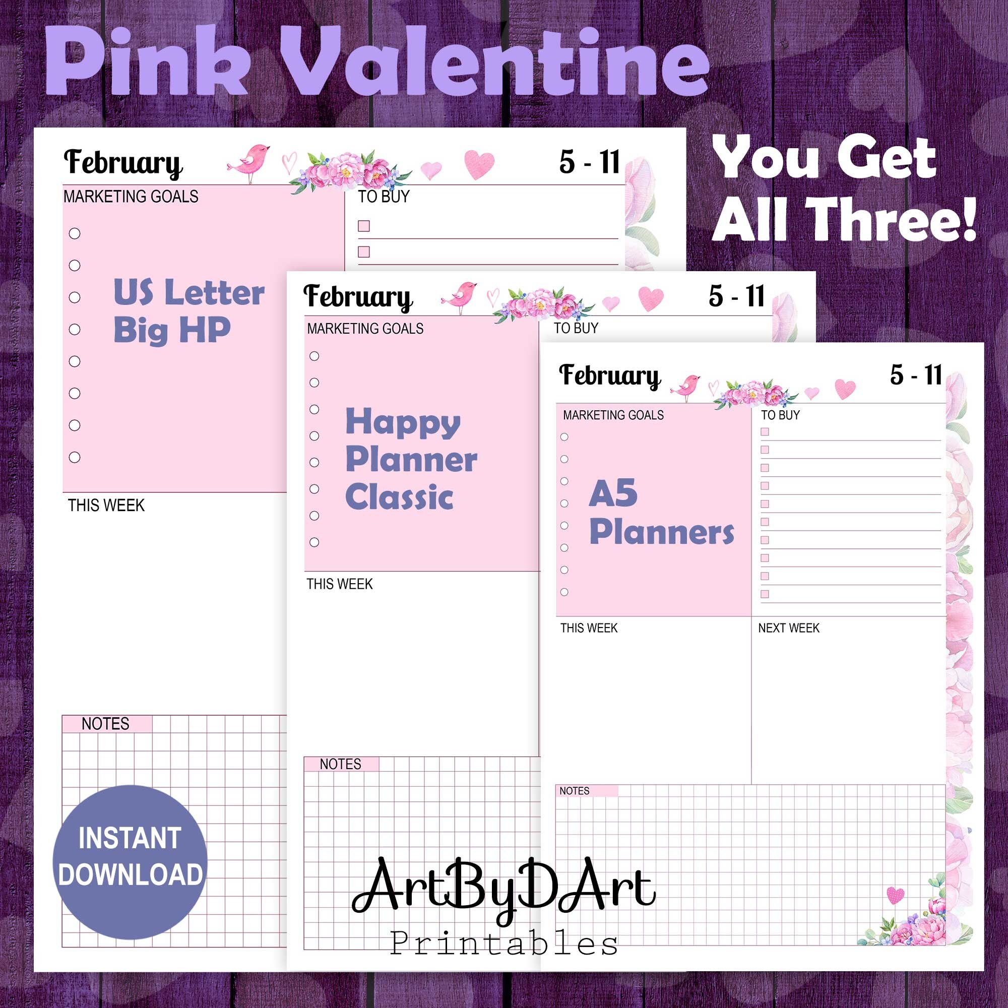 EDITABLE Valentine Theme Printable Weekly Dashboard for A5, US Letter ...
