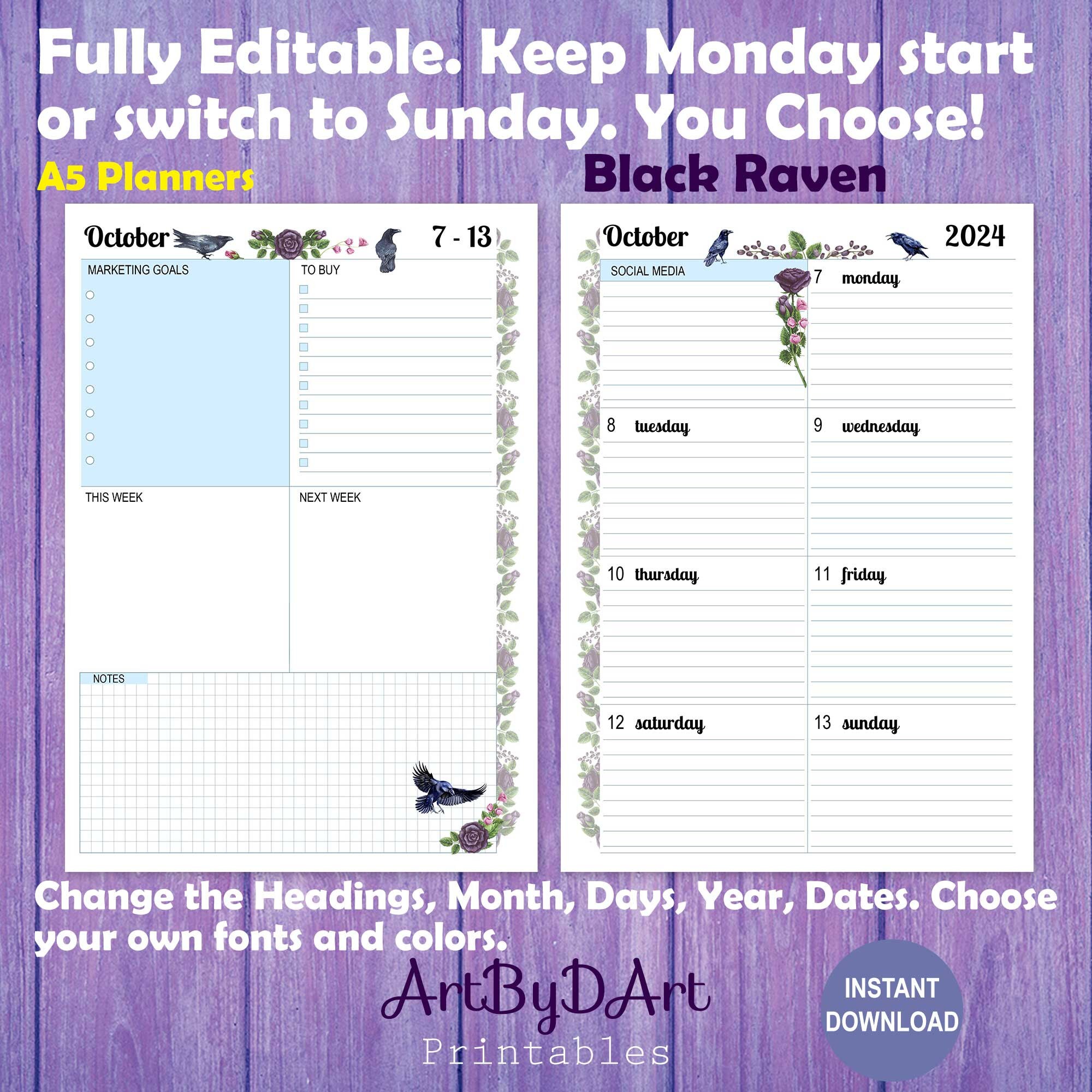 EDITABLE A5 Planner Printable Dashboard Weekly Layout with Gothic ...