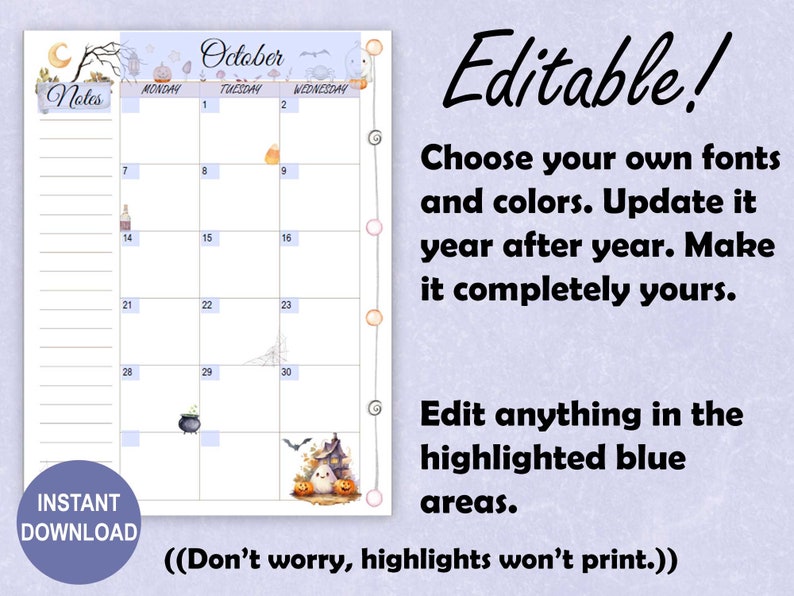 EDITABLE Halloween Theme Printable Monthly Calendar for A5, US Letter ...