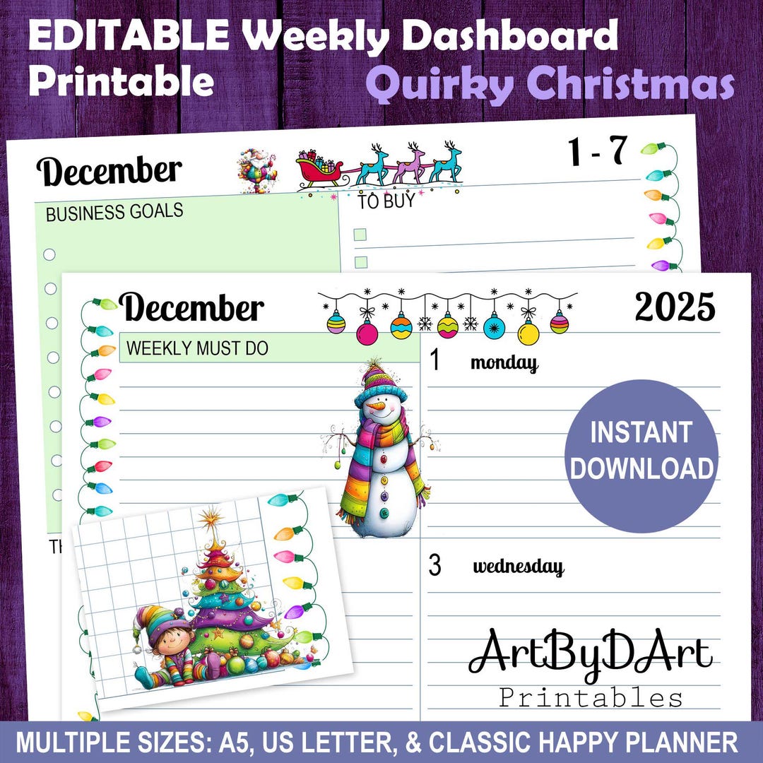 EDITABLE Christmas Theme Printable Weekly Dashboard for A5, US Letter ...