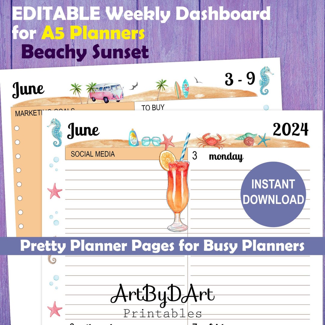 EDITABLE A5 Planner Printable Dashboard Weekly Layout With a Summer ...