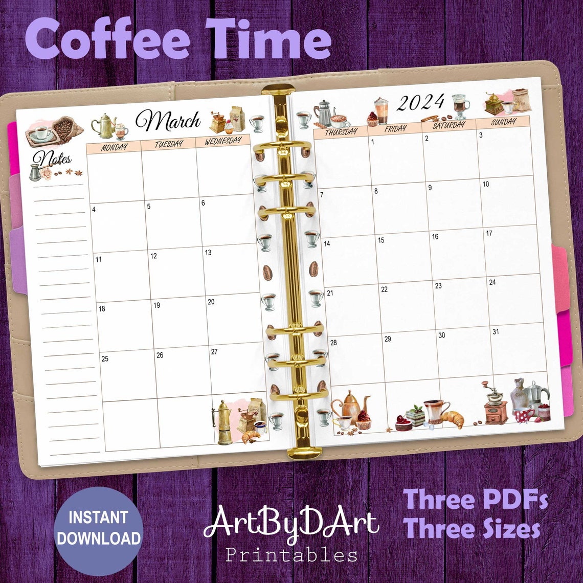 EDITABLE Coffee Theme Printable Monthly Calendar for A5, US Letter, and ...