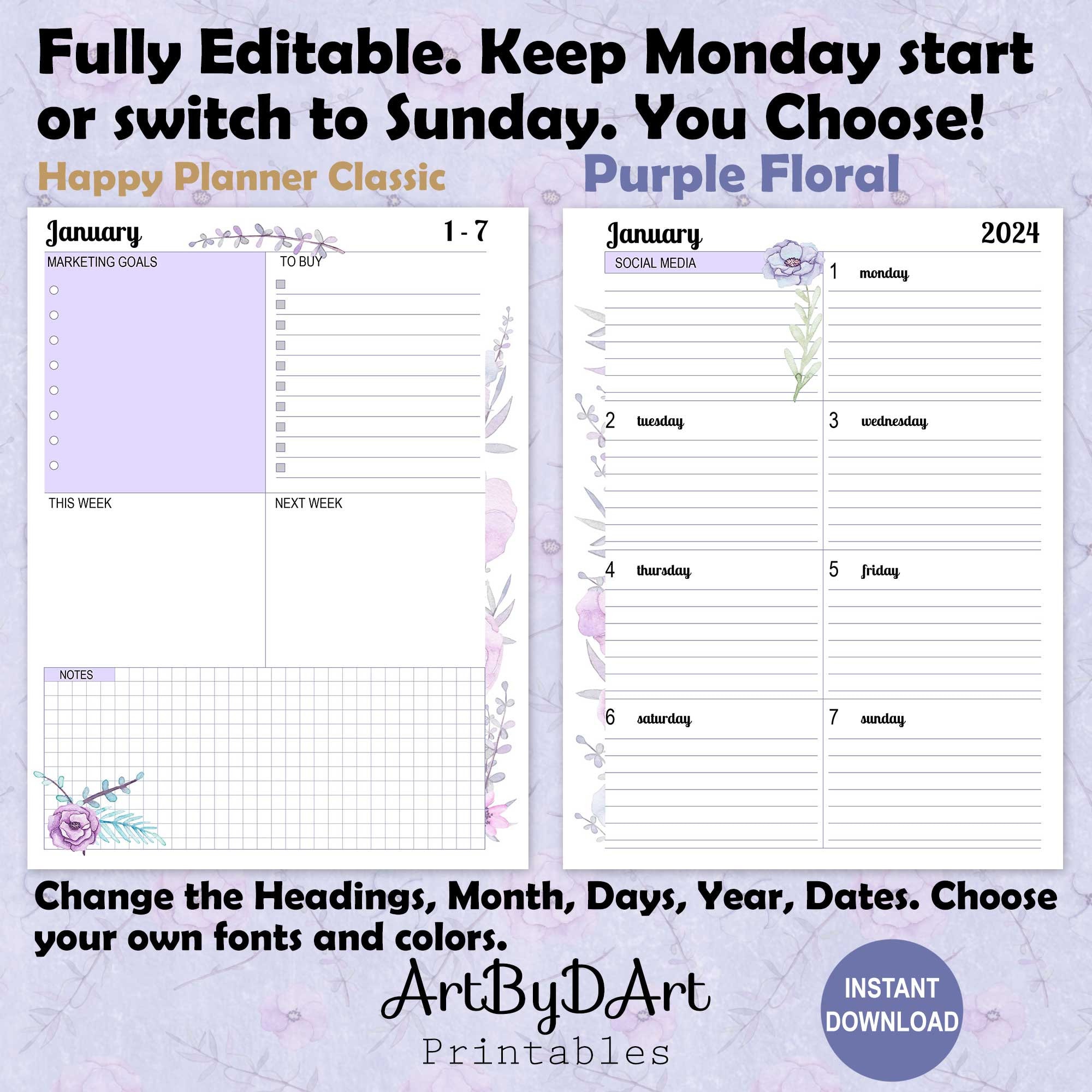 EDITABLE Happy Planner Classic Dashboard Weekly Layout, Purple Floral ...