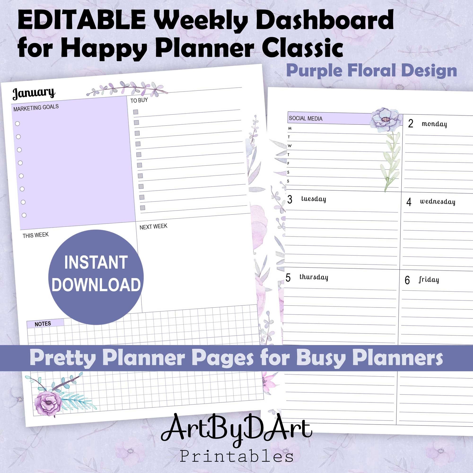 EDITABLE Happy Planner Classic Dashboard Weekly Layout Purple - Etsy