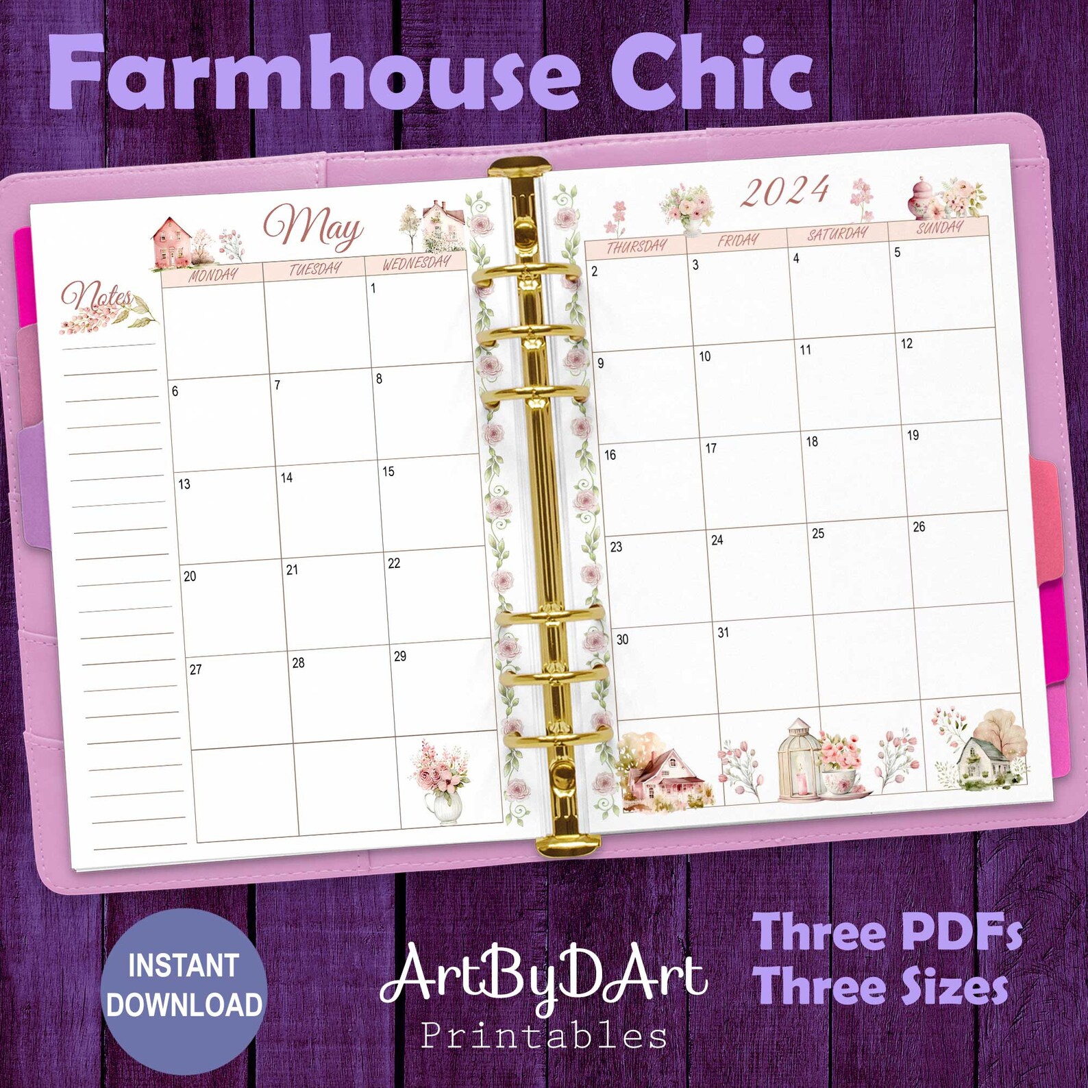 EDITABLE Shabby Chic Theme Printable Monthly Calendar for A5, US Letter ...