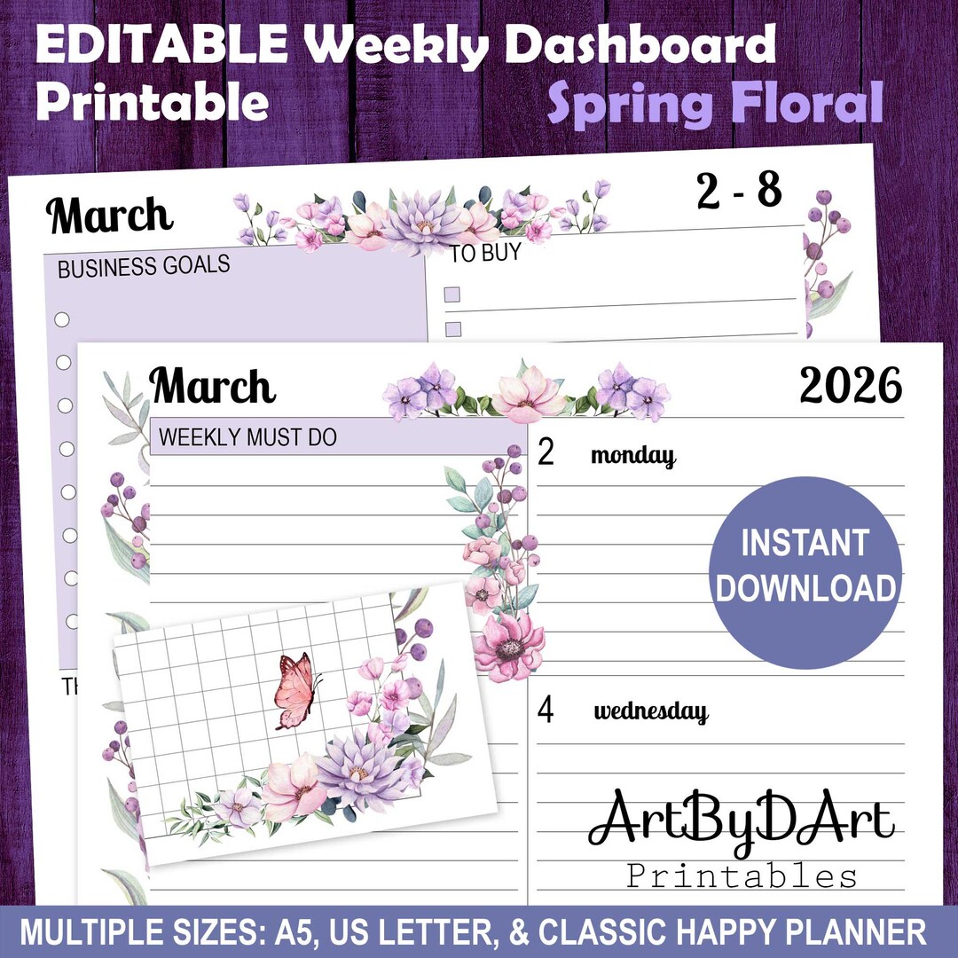 EDITABLE Floral Theme Printable Weekly Dashboard for A5, US Letter, and ...