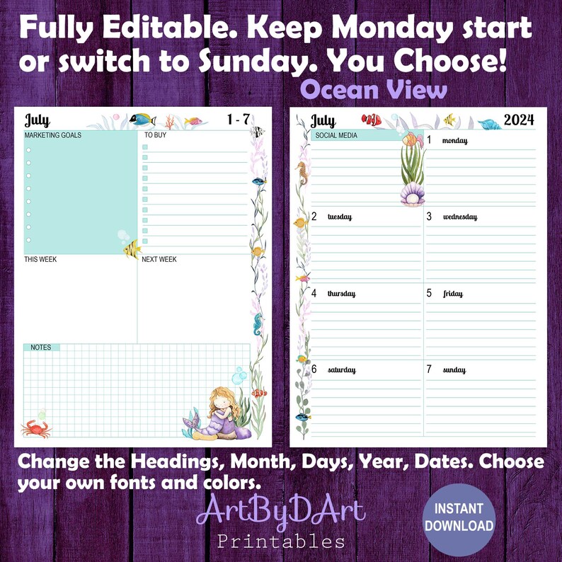 EDITABLE Mermaid Theme Printable Weekly Dashboard for A5, US Letter ...