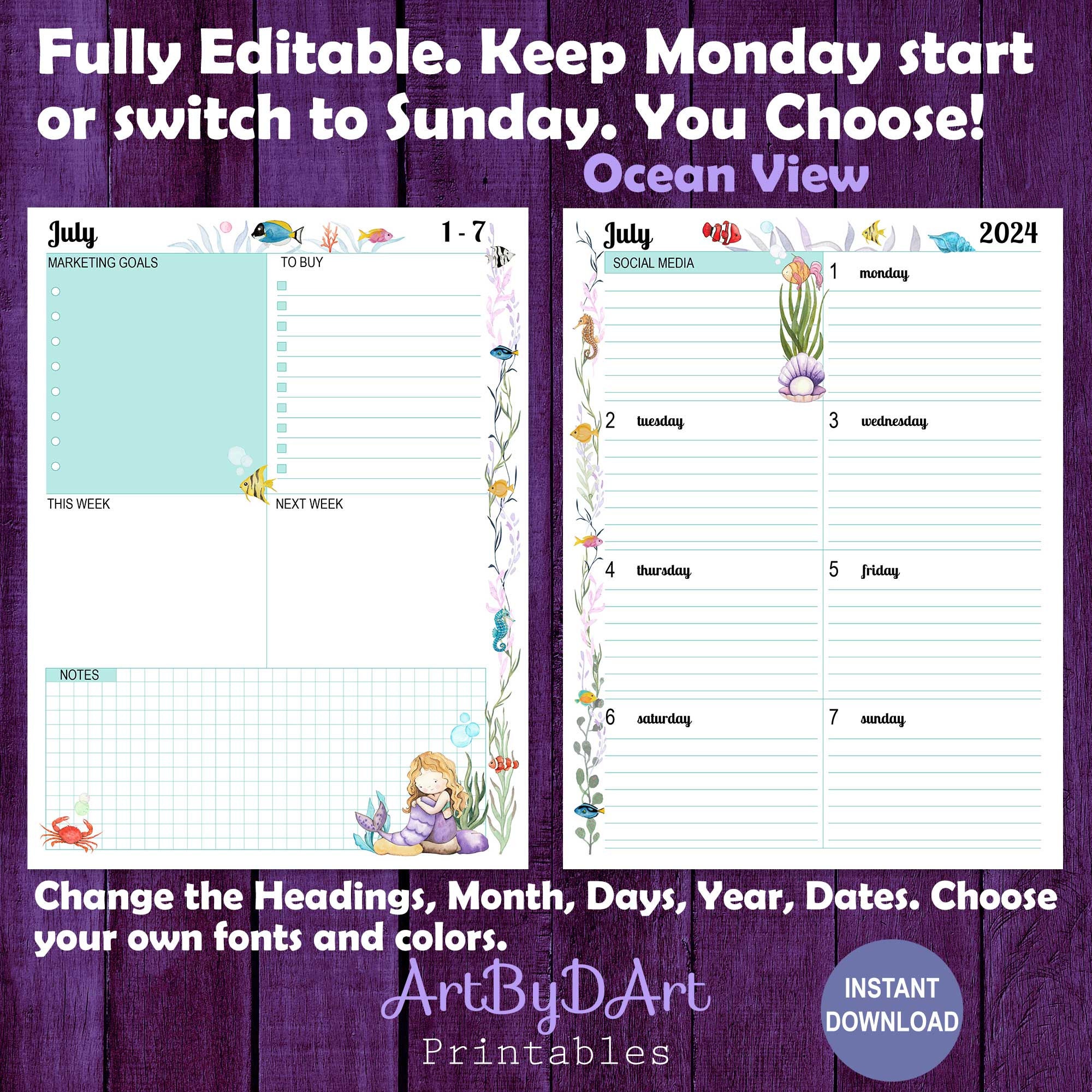 EDITABLE Mermaid Theme Printable Weekly Dashboard for A5, US Letter ...
