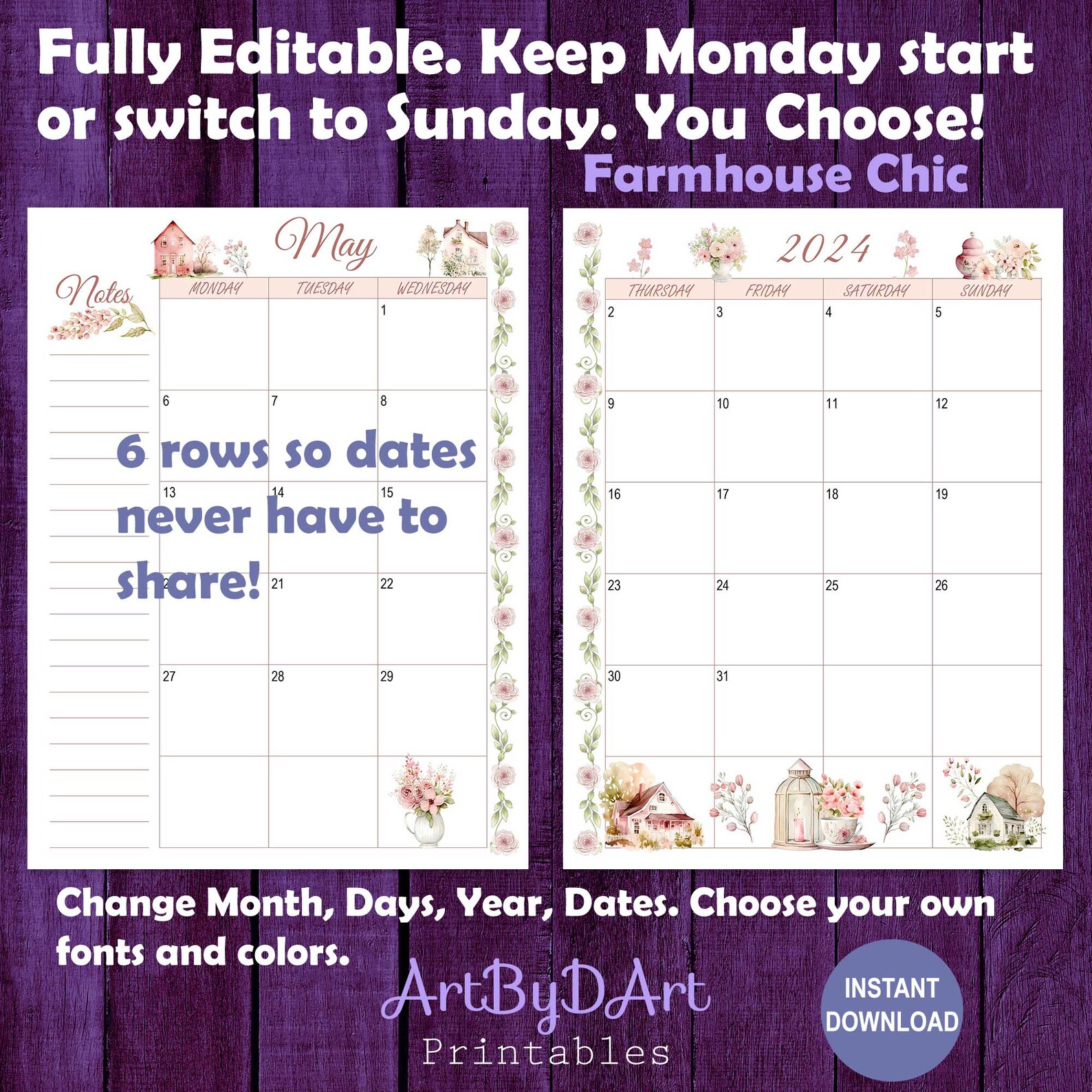 EDITABLE Shabby Chic Theme Printable Monthly Calendar for A5, US Letter ...