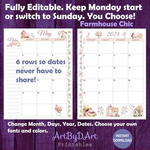EDITABLE Shabby Chic Theme Printable Monthly Calendar for A5, US Letter ...