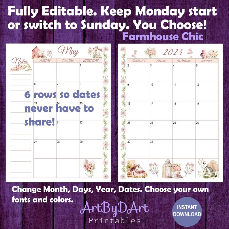 EDITABLE Shabby Chic Theme Printable Monthly Calendar for A5, US Letter ...