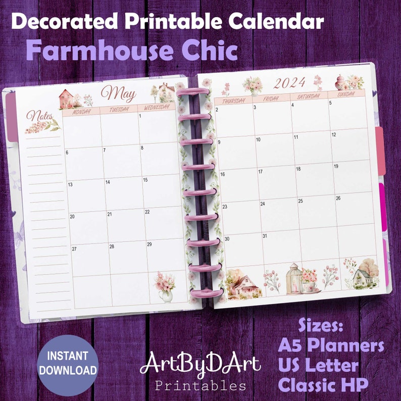 EDITABLE Shabby Chic Theme Printable Monthly Calendar for A5, US Letter ...