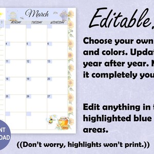 EDITABLE Sunflower Theme Printable Monthly Calendar for A5, US Letter ...