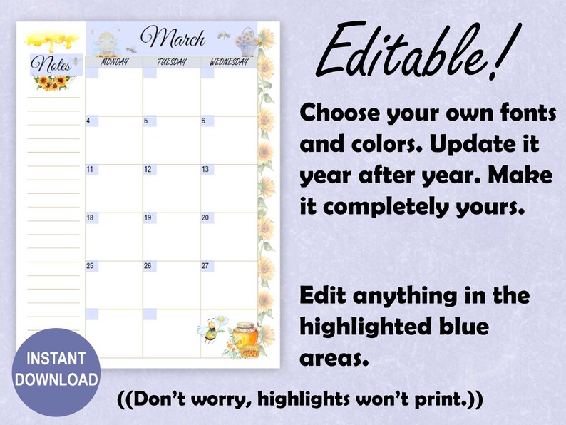 EDITABLE Sunflower Theme Printable Monthly Calendar for A5, US Letter ...