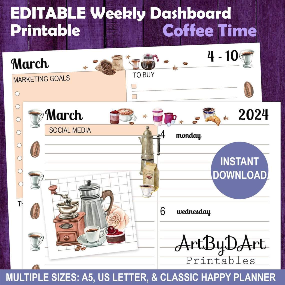 EDITABLE Coffee Theme Printable Weekly Dashboard for A5, US Letter, and ...