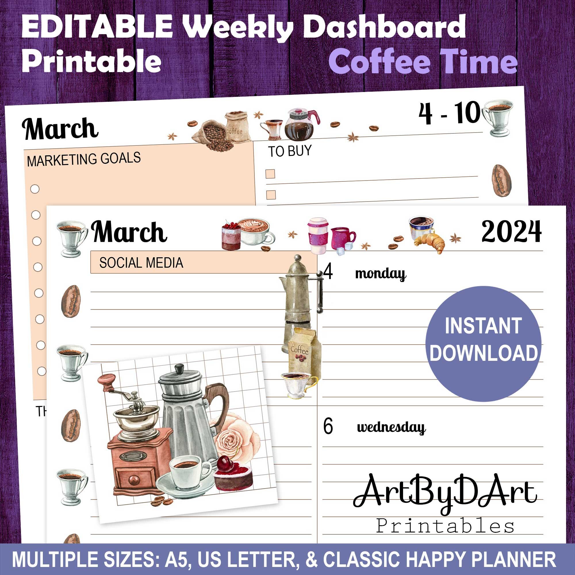 EDITABLE Coffee Theme Printable Weekly Dashboard for A5, US Letter, and ...