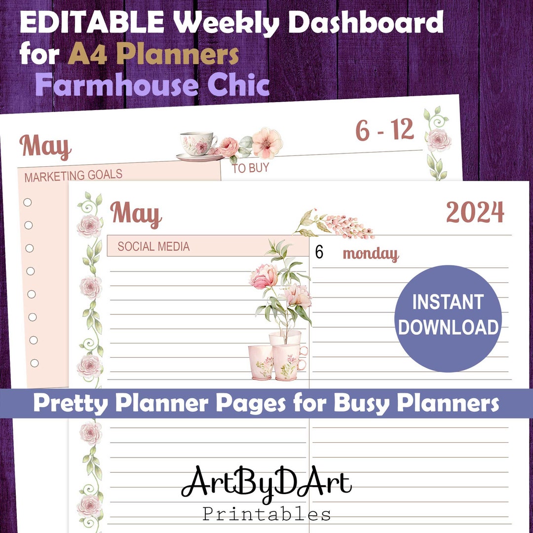 EDITABLE A4 Planner Printable Dashboard Weekly Layout With Farmhouse ...