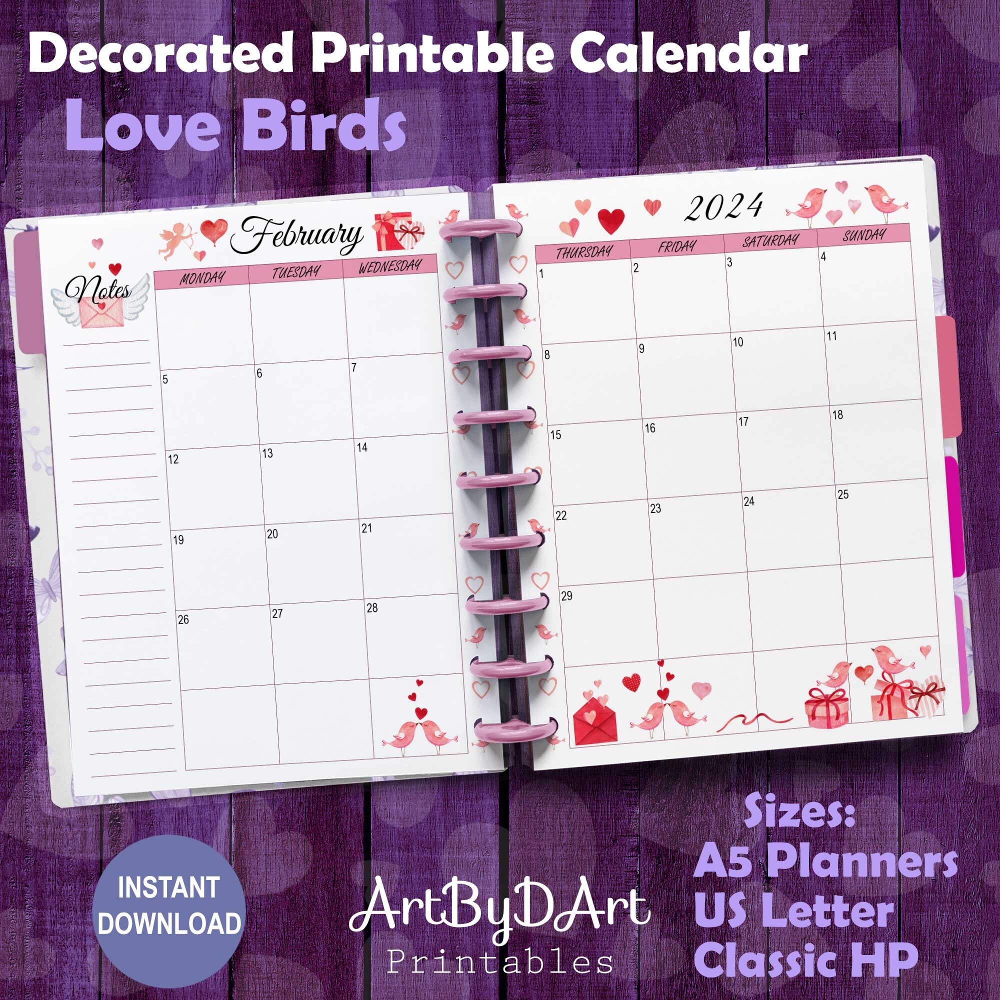 EDITABLE Valentine Theme Printable Monthly Calendar for A5, US Letter ...