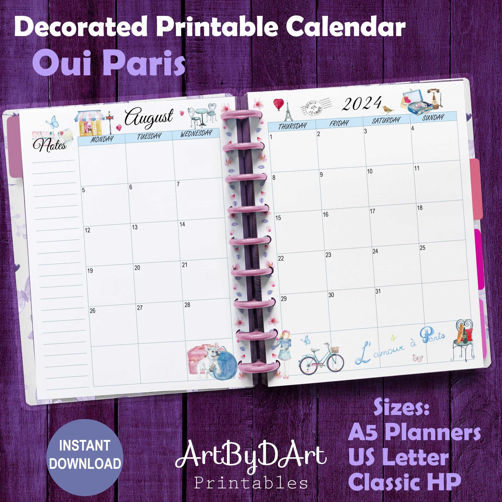 EDITABLE Parisian Theme Printable Monthly Calendar for A5, US Letter ...