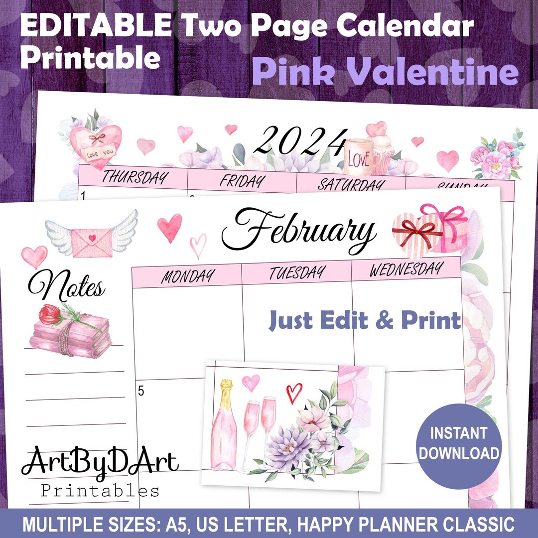 EDITABLE Valentine Theme Printable Monthly Calendar for A5, US Letter ...