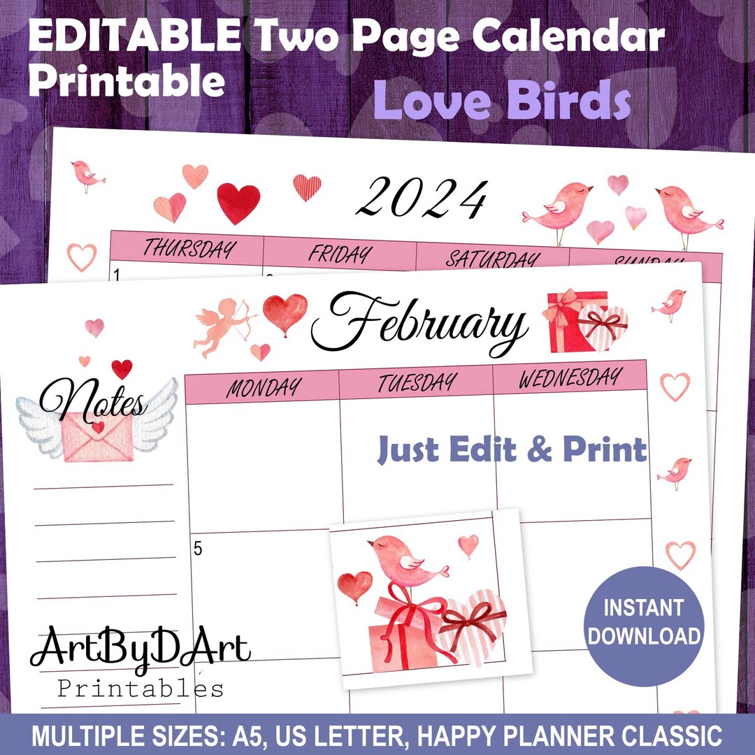 EDITABLE Valentine Theme Printable Monthly Calendar for A5, US Letter ...